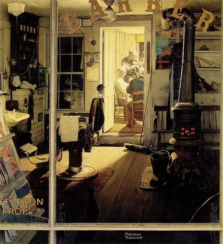 Norman Rockwell, Shuffleton's Barbershop (1950). ມາລະຍາດຂອງພິພິທະພັນ Berkshire.