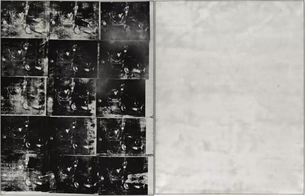 Andy Warhol, Silver Car Crash [Doble Disaster] (1963). Hulagway sa maayong kabubut-on sa Sotheby's Auction House.