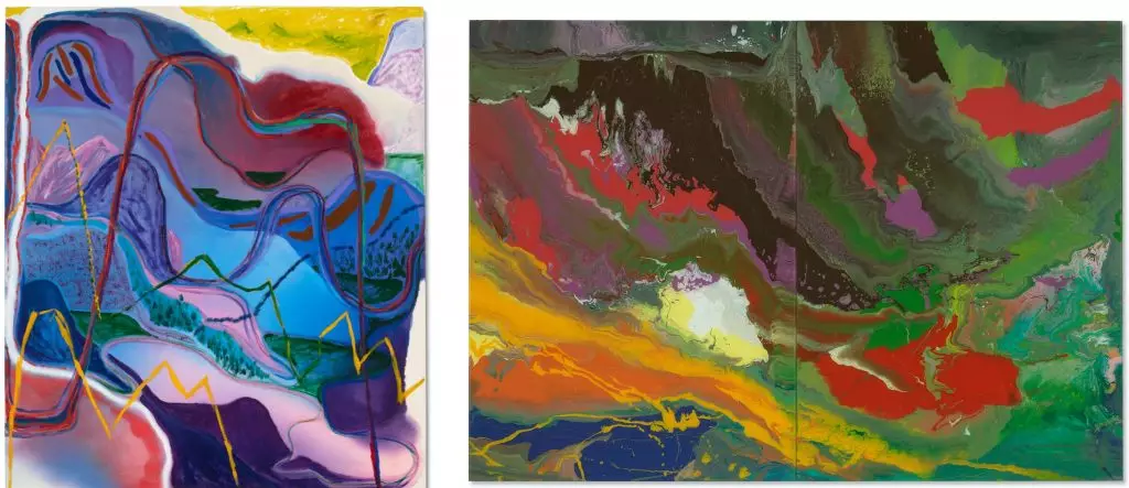 왼쪽: Shara Hughes, Weeping Blur(2018). 의례 Christie's Images Ltd. 2022. 오른쪽: Gerhard Richter, Flow(933-1)(2013). 의례 Christie's Images Ltd. 2022.