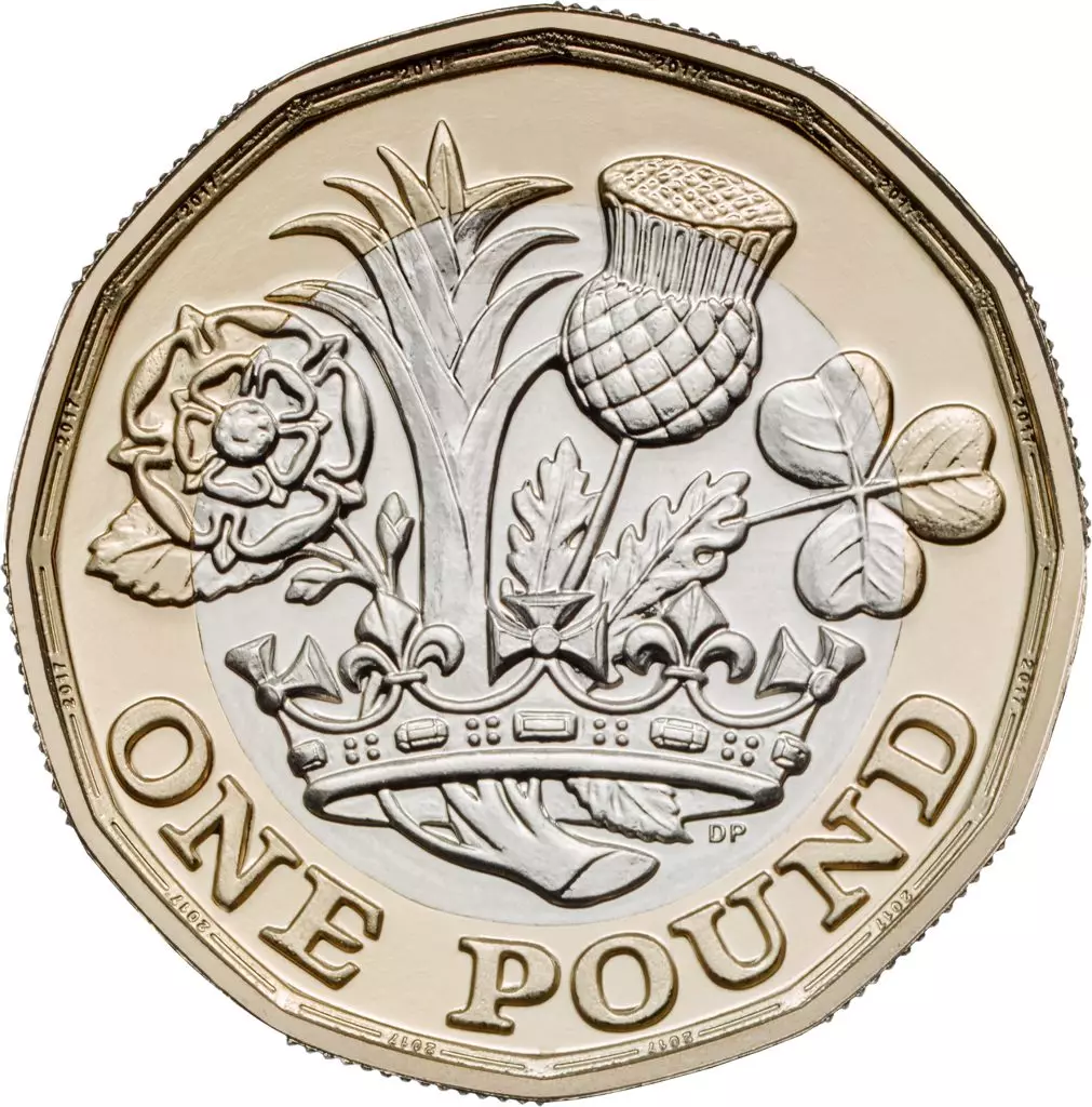 Qhov thim rov qab ntawm 2017 tshiab tsim ntawm £ 1 npib. Kev lees paub los ntawm Royal Mint.