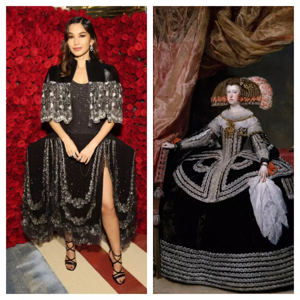 Til venstre: Gemma Chan deltar på Met Gala, 2022. Høyre: Diego Velázquez, dronning Mariana av Østerrike (1652).