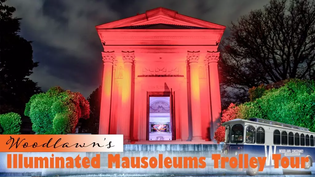 Woodlawn Cemetery's Illuminated Mausoleums Tour. Foto mei hoflikens fan Woodlawn Cemetery.