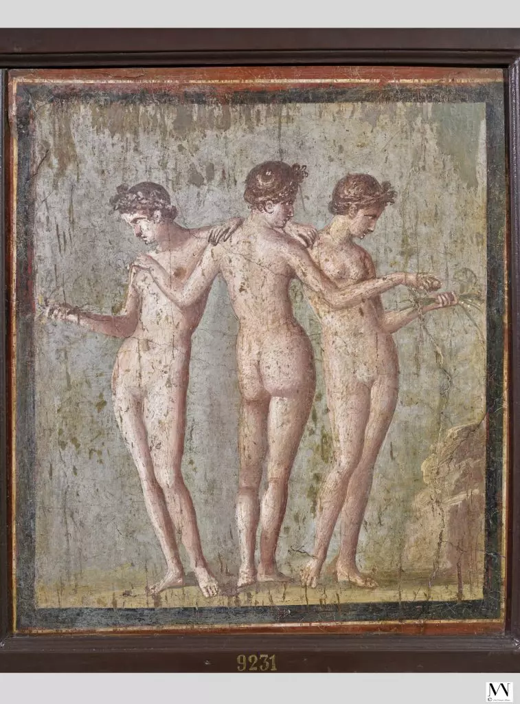 The Three Graces (abad ka-1 CE), Masseria di Cuomo - Irace, Pompeii. Museum Arkeologi Nasional Naples. Gambar © Arsip Fotografi, Museum Arkeologi Nasional Naples.