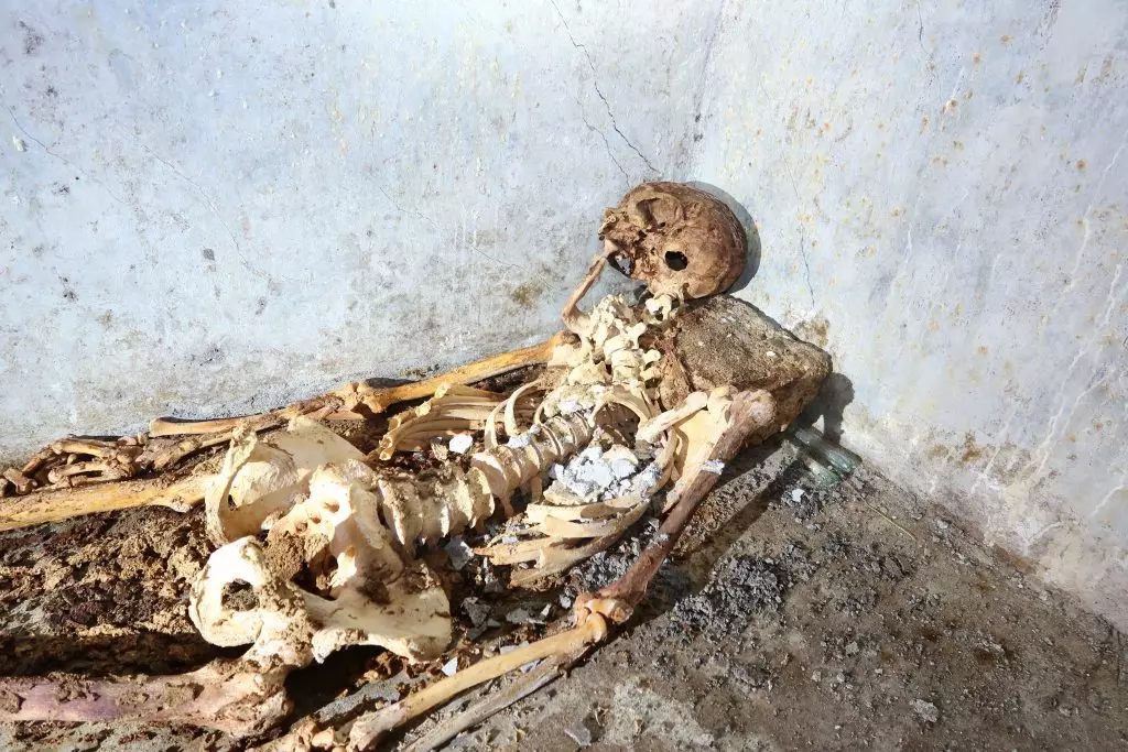 Les restes de Marcus Venerius Secundio ont été conservés dans une chambre scellée dans un cimetière de Pompéi. Bien que le corps ait près de 2 000 ans, des cheveux ras et une oreille sont encore visibles sur le crâne. Photo publiée avec l'aimable autorisation du Parc Archéologique de Pompéi/Université de Valence.