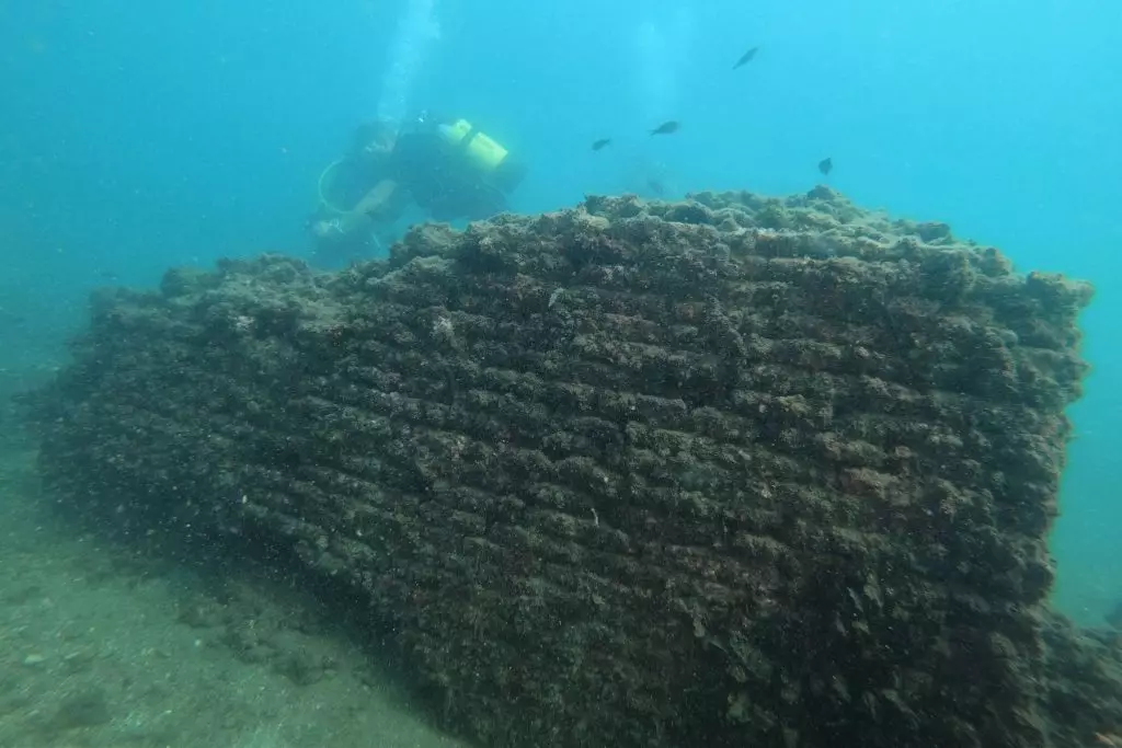 Uma parede de tijolos romanos do edifício termal do Nymphaeum de punta Epitaffio na antiga cidade romana submersa de Baia no Parque Arqueológico Subaquático de Baia, parte do complexo do Parque Arqueológico Campi Flegrei em Pozzuoli, perto de Nápoles. Foto de Andreas Solaro/AFP via Getty Images.