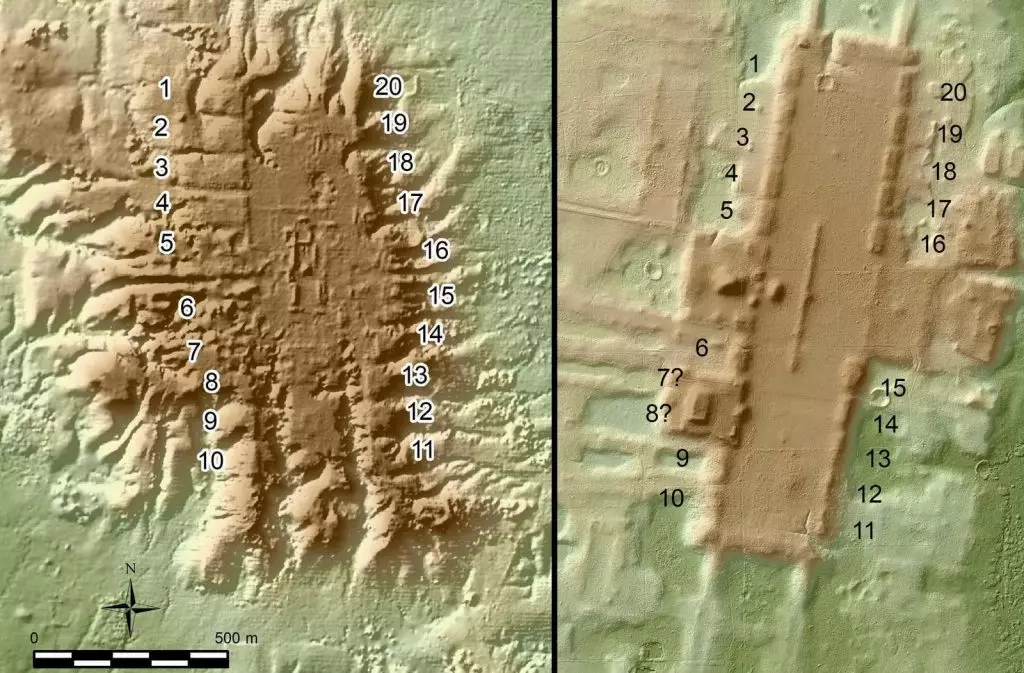 تصویری LiDAR از مکانهای سان لورنزو (سمت چپ) و آگوادا فنیکس (راست) با سکوهای مستطیلی بلند مشابه که توسط 20 سکوی کوچکتر احاطه شده است. تصویر از خوان کارلوس فرناندز-دیاز و تاکشی اینوماتا.