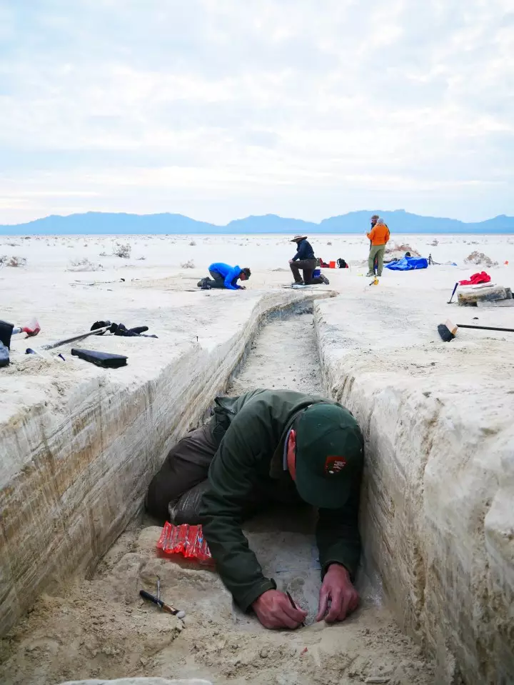 Istraživači koji iskapaju prapovijesne otiske stopala na dnu rova u Nacionalnom parku White Sands, Novi Meksiko. Fotografija Dan Odess, ljubaznošću Službe nacionalnih parkova.