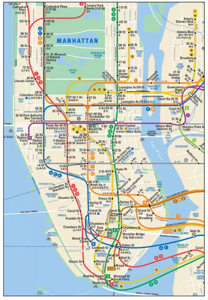 Trenutna karta podzemne željeznice New Yorka, temeljena na dizajnu Johna Tauranca iz 1978. godine. Ljubaznošću MTA.