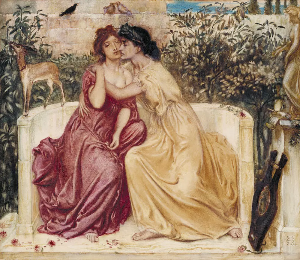 Simeon Solomon, Sappho en Erinna in een tuin in Mytilene (1864). Foto met dank aan Tate.