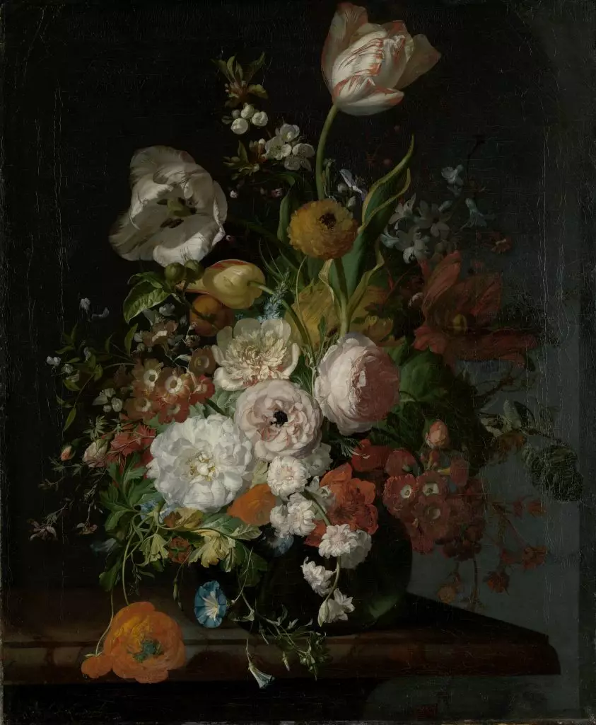 Rachel Ruysch, Stilleven feiloa'i bloemen i een glazen vaas. Fa'aaloaloga a le Rijksmuseum, Amsterdam.