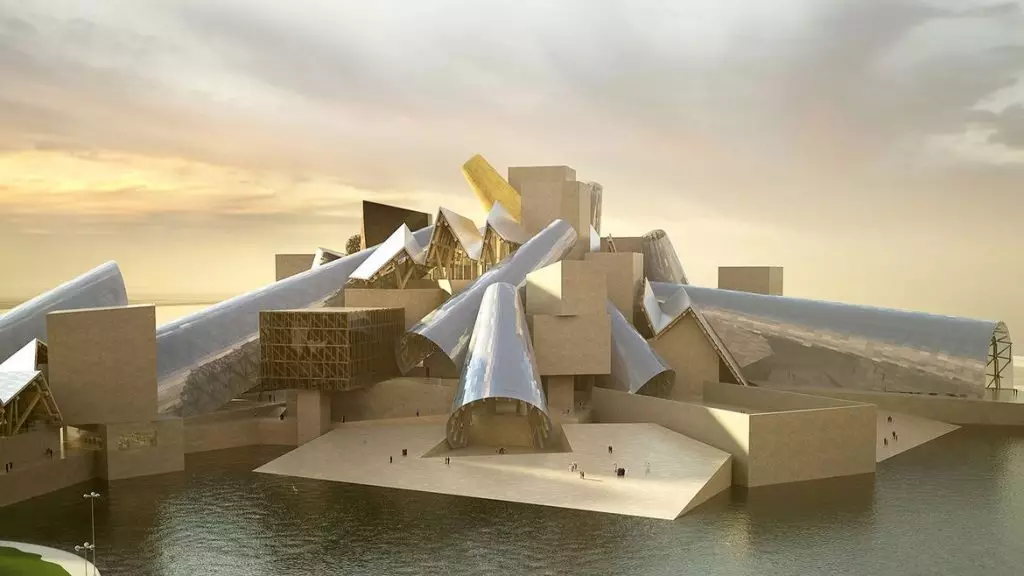 ການສະແດງຂອງ Guggenheim Abu Dhabi ທີ່ອອກແບບໂດຍ Frank Gehry. ຮູບພາບຈາກບໍລິສັດພັດທະນາການທ່ອງທ່ຽວ ແລະການລົງທຶນ ແລະ Gehry Partners, LLP.