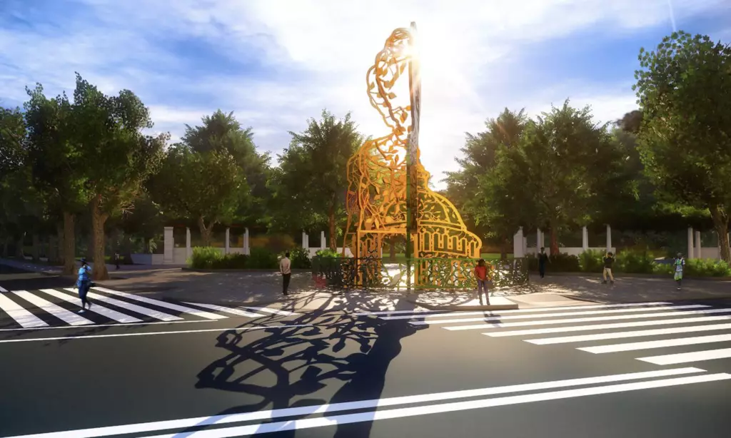 Der Vorschlag von Amanda Williams & Olalekan Jeyifous für das Denkmal von Shirley Chisholm. Rendering mit freundlicher Genehmigung von She Built NYC.