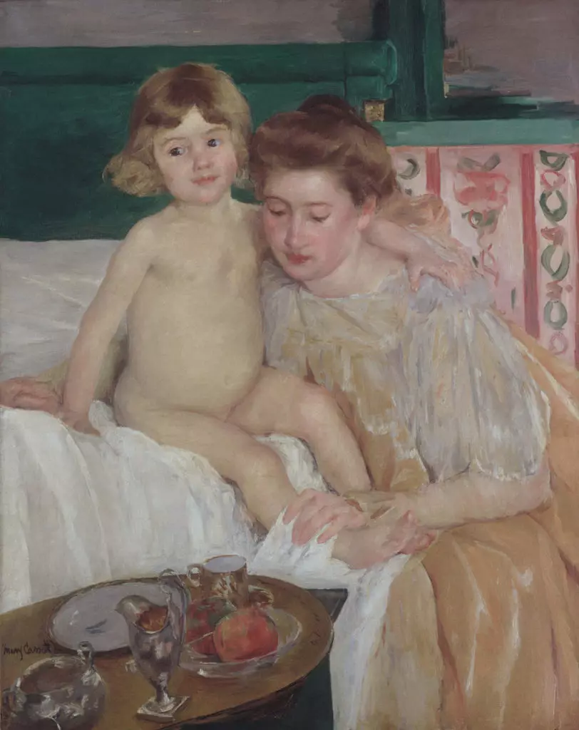 Mary Cassatt's moeder en kind (baby staat op uit zijn dutje) (ca. 1899). Met dank aan het Metropolitan Museum of Art.