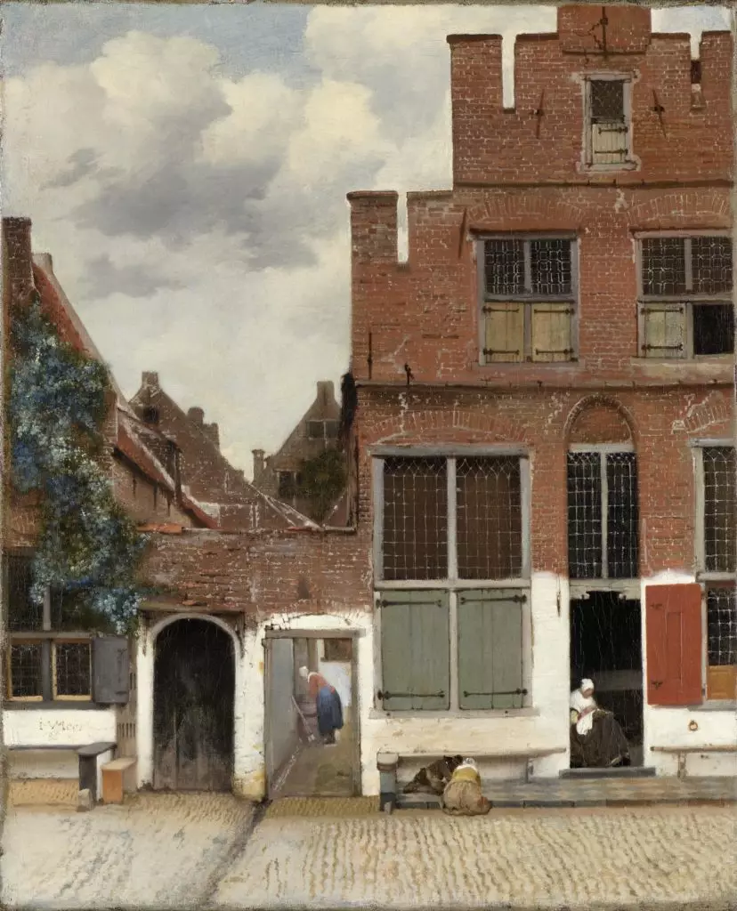 Jan Vermeer, Gesicht op huzen yn Delft, c. 1658, Ryksmuseum. Gift fan H.W.A. Deterding, London.