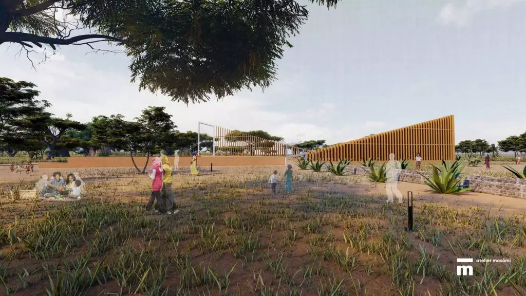 Rendering museum Bët-bi yang diusulkan dan pusat budaya dan komunitas di Senegal © atelier masōmī.