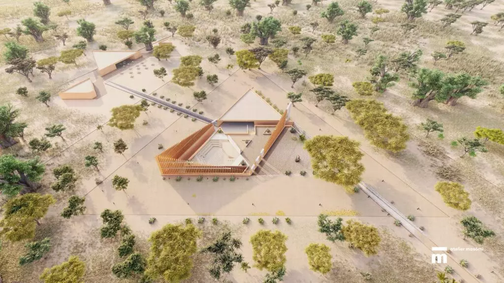 Rendering museum Bët-bi yang diusulkan dan pusat budaya dan komunitas di Senegal © atelier masōmī.