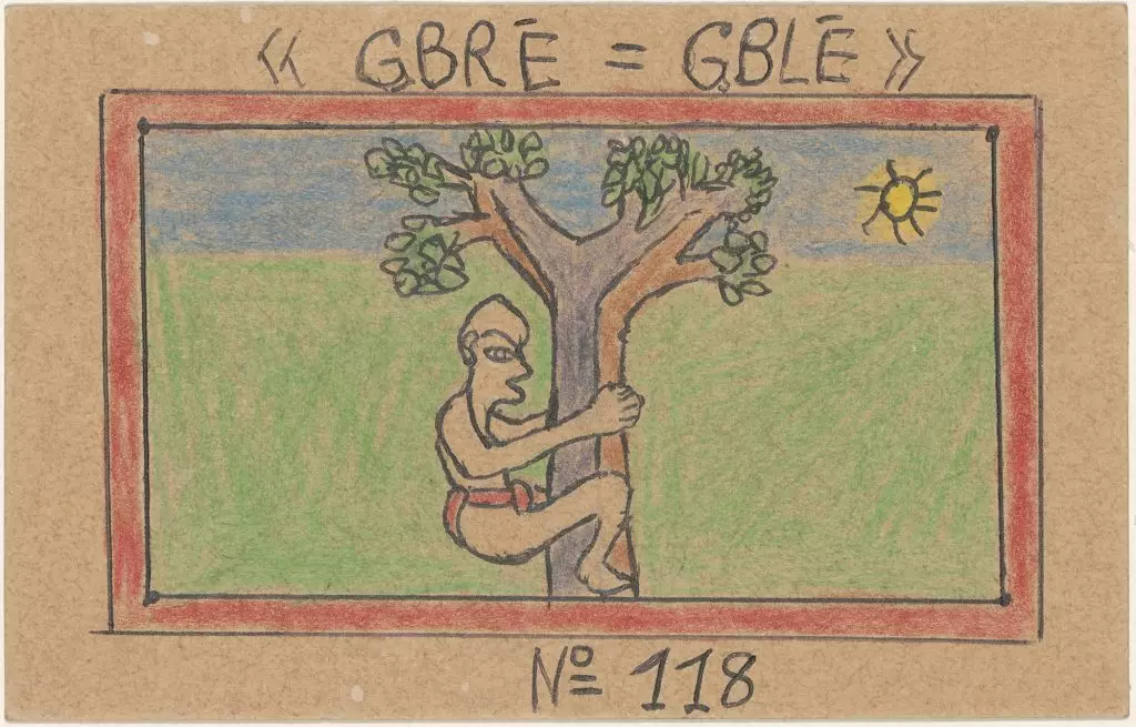 Frédéric Bruly Bouabré, GBRÉ = GBLÉ N ° 118 từ Alphabet Bété. 1991. Bảo tàng Nghệ thuật Hiện đại, New York. Bộ sưu tập Nghệ thuật Châu Phi của Jean Pigozzi.