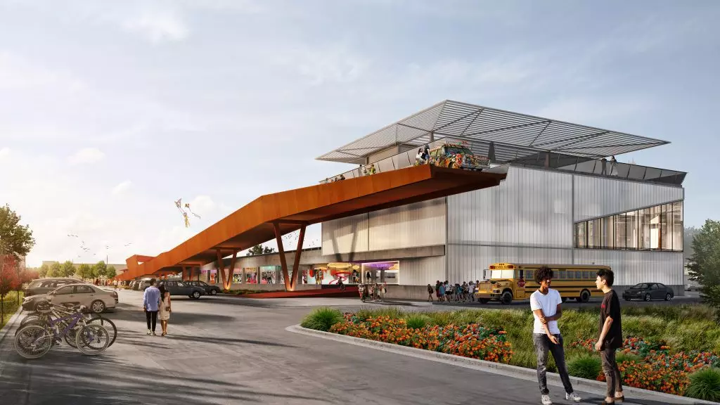 Rendering dari Orange Show Center untuk pintu masuk dan jalan Visionary Art. Gambar milik Orange Show Center for Visionary Art, Houston, dan Rogers Partners.