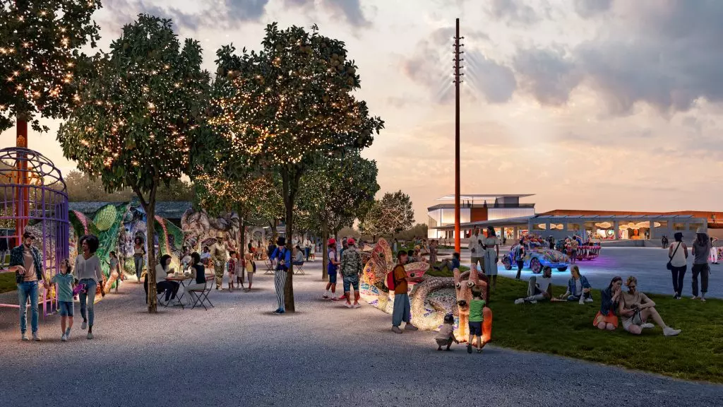 Rendering Mosaic Alley di Orange Show Center for Visionary Art Campus dan ekstensi Fonde Park. Gambar milik Orange Show Center for Visionary Art, Houston, dan Rogers Partners.