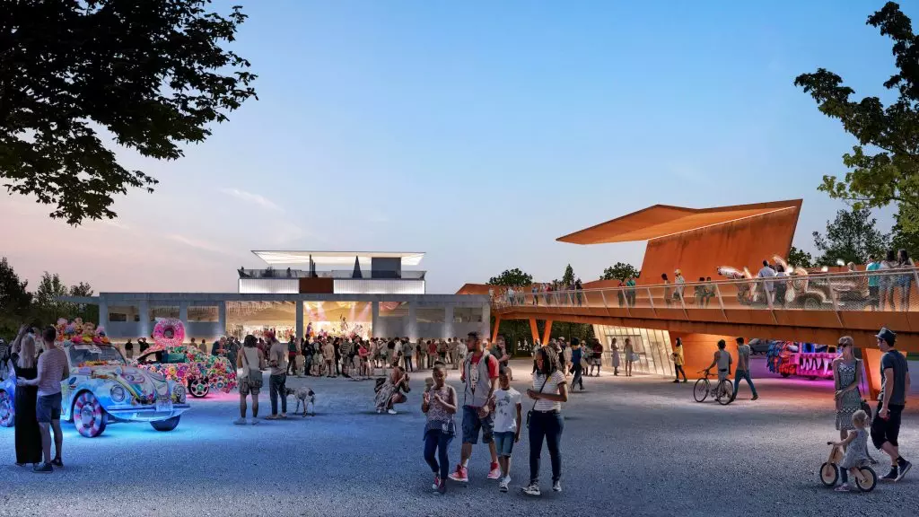 Rendering pengalaman mobil seni ing Orange Show Center kanggo Kampus Seni Visioner. Gambar duweni saka Orange Show Center for Visionary Art, Houston, lan Rogers Partners.