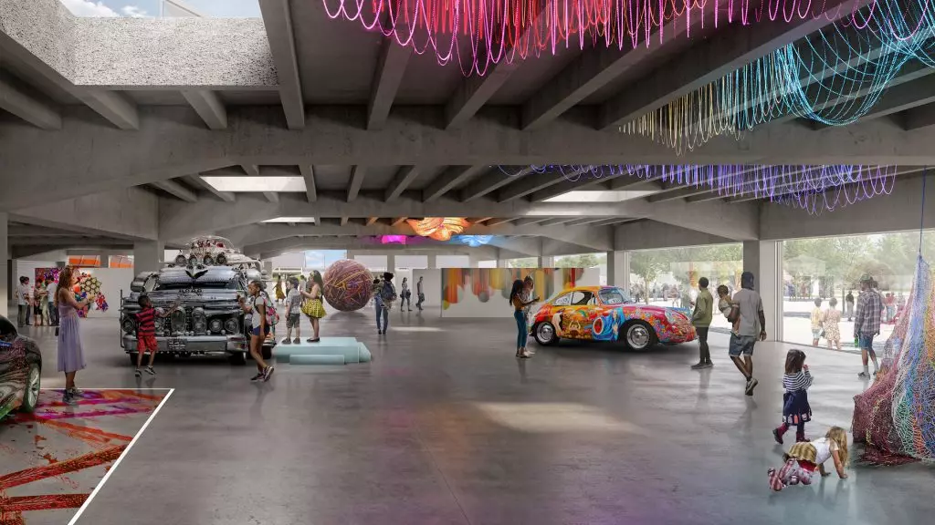 Rendering sebuah pameran di gudang Orange Show Center for Visionary Art. Gambar milik Orange Show Center for Visionary Art, Houston, dan Rogers Partners.