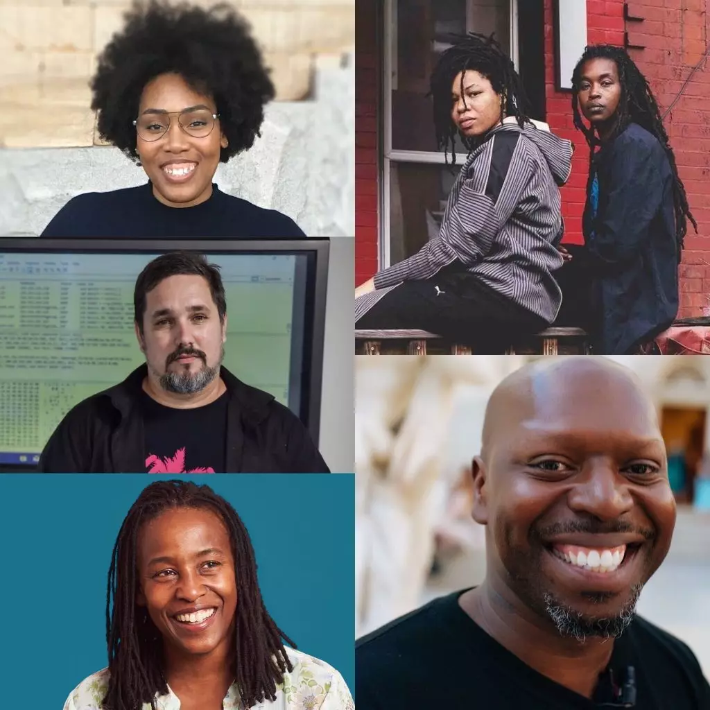 Im Uhrzeigersinn von oben rechts: Sondra Perry; Camae Ayewa und Rasheedah Phillips von Black Quantum Futurism, Foto: Hannah Place, mit freundlicher Genehmigung von The Wire; Rashaad Newsome, Foto: Charlie Rubin; Stephanie Dinkins, Foto: Jay Adams; und Rodolfo Peraza.