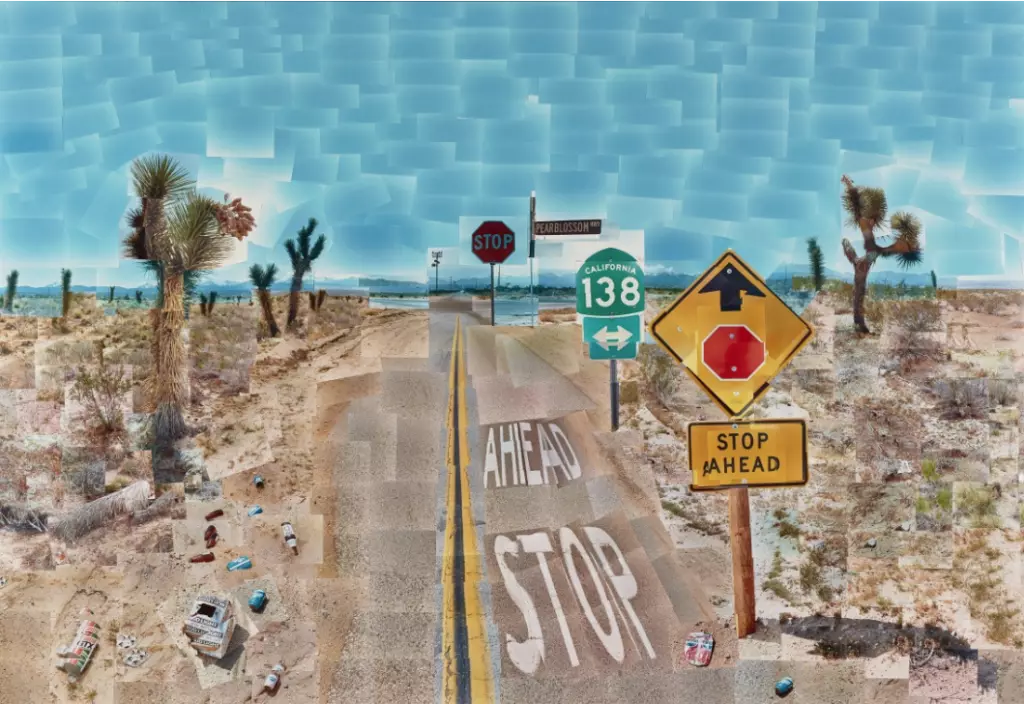 David Hockney, Pearblossom Hwy., 11 - 18 prill 1986, #2 (1986). © David Hockney, me mirësjellje të Muzeut Getty.