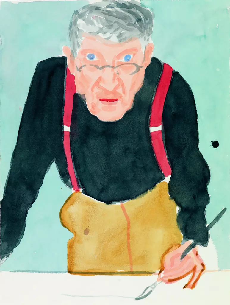 David Hockney, Self Portrait with Red Braces (2003). © David Hockney, ĝentileco de Richard Schmidt.