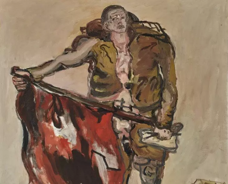 Georg Baselitz, Mit Roter Fahne (Ka Lefolakha le Lefubelu), 1965. Ka tlhompho ea Sotheby's.