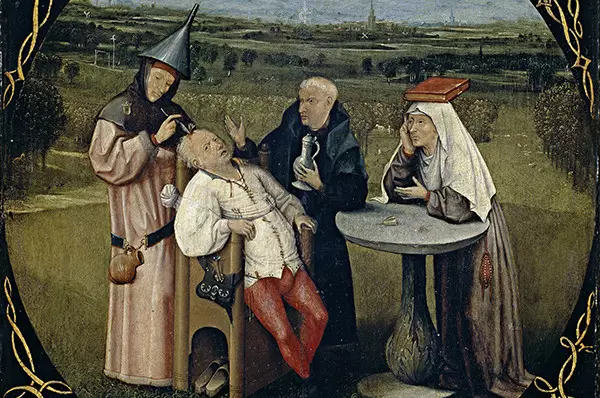 Hieronymus Bosch, Detall de la cura de la follia). L'obra d'art ja no s'atribueix a l'artista holandès. Foto: Museu Nacional del Prado, Madrid.