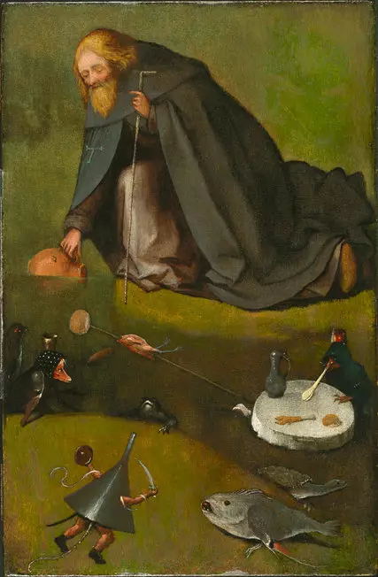 Hieronymus Bosch, The Temptation of St. Anthony. Sary: Rik Klein Gotink/Fikarakarana sary nataon'i Robert G. Erdmann ho an'ny Tetikasa Fikarohana sy Fiarovana Bosch.