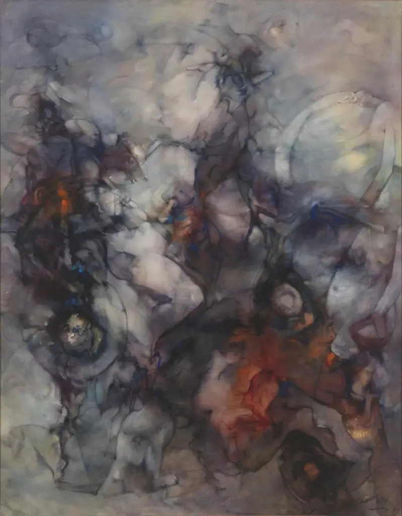 Dorothea Tanning, Aux environs de Paris (Paris neVicinity), 1962. Kuunganidzwa kweWhitney Museum yeAmerican Art, New York. Mufananidzo nerubatsiro rweDorothea Tanning Foundation, ©2022 iyo Destina Foundation/Artist Rights Society (ARS), New York.