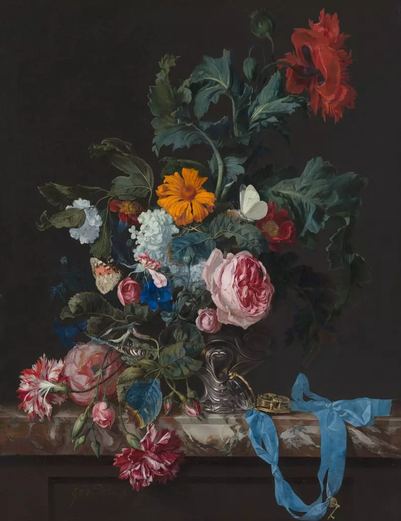 Willem van Aelst, Flower Still Life with a Timepiece, (1663). Mauritshuis, La Haye.