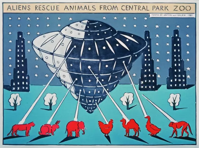 Anton van Dalen, Aliens Rescue Animals z Central Park Zoo (1981). Dzięki uprzejmości Córek Sargenta.