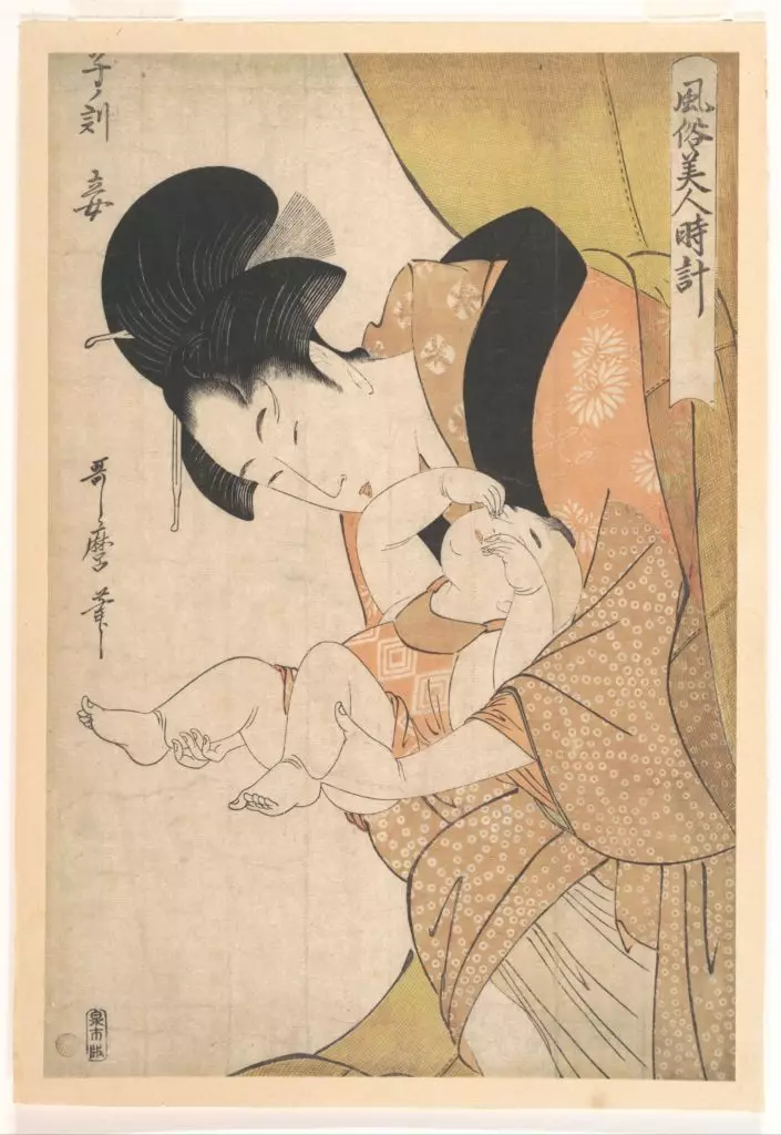 Kitagawa Utamaro, ពាក់កណ្តាលអធ្រាត្រ: ម្តាយនិងកូនងងុយដេក (1790) ។ មានការអនុញ្ញាតពីសារមន្ទីរ Metropolitan ។