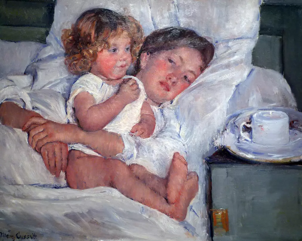 Mary Cassatt, អាហារពេលព្រឹកនៅលើគ្រែ (1897) ។