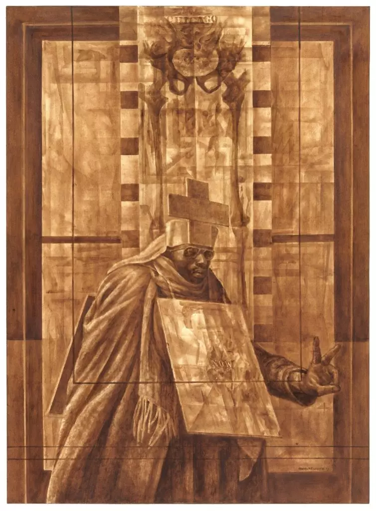 លោក Charles White ។ Black Pope (Sandwich Board Man) (1973) សារមន្ទីរសិល្បៈទំនើប ញូវយ៉ក។ Richard S. Zeisler Bequest (ដោយការផ្លាស់ប្តូរ), មិត្តភក្តិនៃការអប់រំនៃសារមន្ទីរសិល្បៈទំនើប, គណៈកម្មាធិការលើមូលនិធិគំនូរ, Dian Woodner និង Agnes Gund ។ © 1973 The Charles White Archives ។ ឥណទានរូបថត៖ Jonathan Muzikar, សារមន្ទីរនៃសេវាកម្មរូបភាពសិល្បៈទំនើប