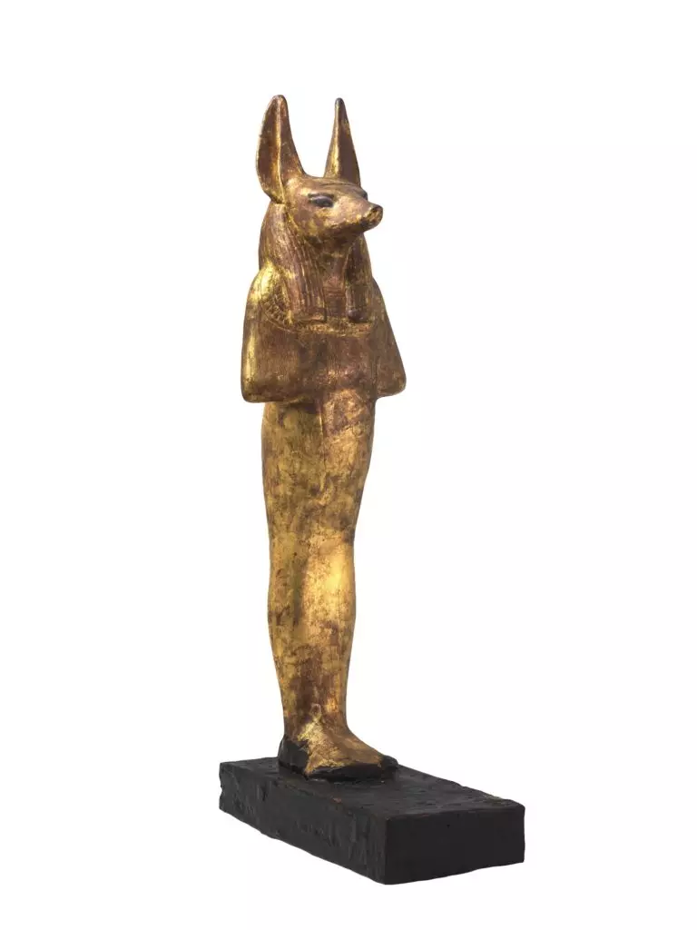 Vergulde Holzschakal-Kapp Figur vum Duamutef aus dem Graf vum Tutankhamun. ©Laboratoriorosso, Viterbo/Italien.