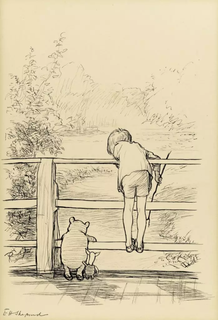 E. H. Shepard，他們久久地註視著腳下的河流。由倫敦蘇富比提供。