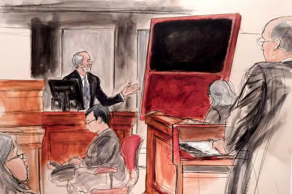 Sketsa rohang pangadilan Domenico De Sole dina stan saksi sareng lukisan Rothko palsu anu anjeunna mésér ti galeri Knoedler. Poto: Elizabeth Williams, kahadean ILLUSTRATED COURTROOM.