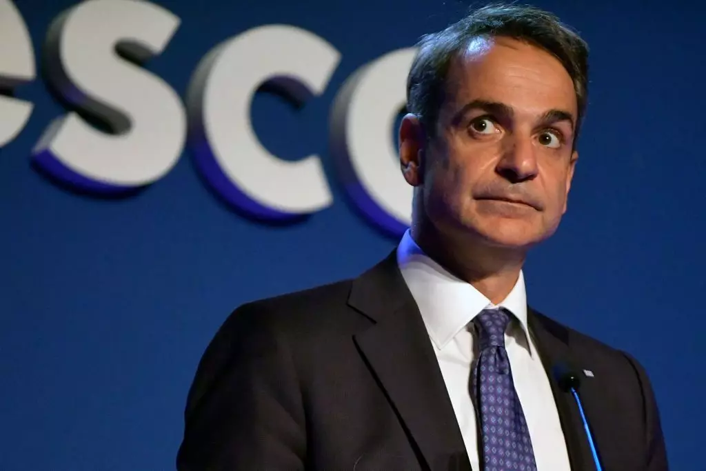 Perdana Menteri Yunani Kyriakos Mitsotakis memberikan pidato selama perayaan ulang tahun ke-75 Organisasi Pendidikan, Ilmu Pengetahuan dan Kebudayaan Perserikatan Bangsa-Bangsa (UNESCO) di markas besar UNESCO di Paris pada 12 November 2021. Foto: Julien de Rosa/AFP via Getty Images.