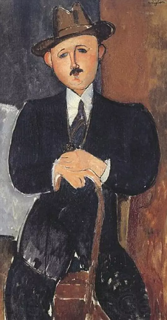 Amedeo Modigliani, Sediaci muž s palicou (1918).