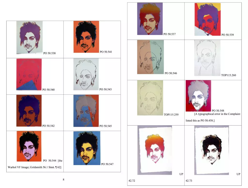 Andy Warhol-en 'Prince Series', auzitegiko dokumentuetan erreproduzitzen den moduan.