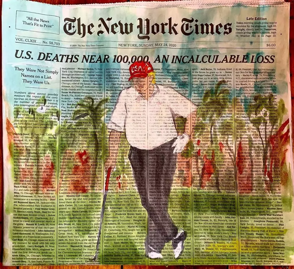 Gumawa si Marcel Dzama ng watercolor ni Pangulong Donald Trump na naglalaro sa cover ng New York Times coronavirus. Larawan sa kagandahang-loob ni Marcel Dzama.