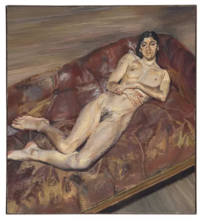 Lucian Freud, Nuda Portreto sur Ruĝa Sofo, 1989-1991. Ĝentileco de Christie's New York.