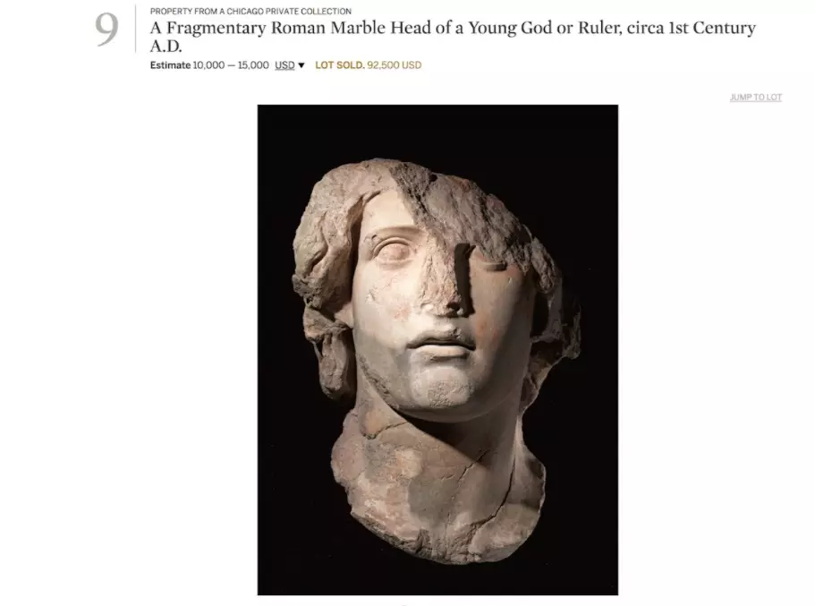 Screenshot der Ergebnisse für A Fragmentary Roman Marble Head of a Young God or Ruler, circa 1st Century A.D. von der Sotheby's-Website.