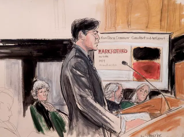 Sketsa ruang sidang pengacara pertahanan Charles Schmermer ing uji coba galeri Knoedler.Foto: Elizabeth Williams, duweni ILLUSTRATED COURTROOM.