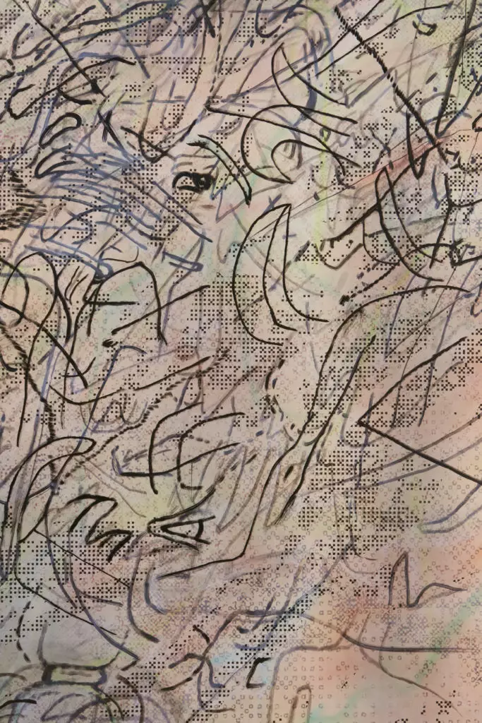 Julie Mehretu, Howl, eon (I, II) (2017) (išsamiau). Menininko ir Marian Goodman galerijos sutikimas; San Francisko modernaus meno muziejaus užsakymu. © Julie Mehretu; nuotrauka Tom Powel Imaging, Inc.