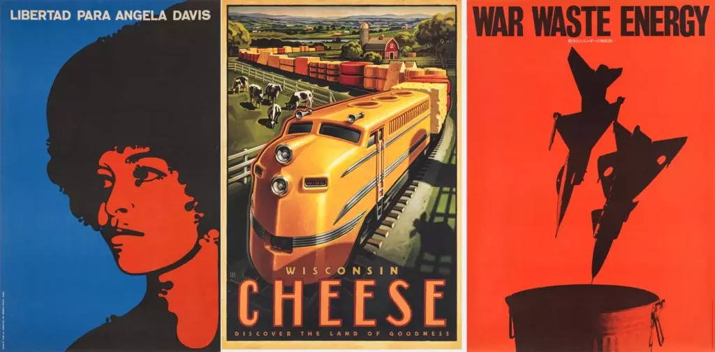 Libertad para Angela Davis (1971) nga Félix Alberto Beltrán Concepción; Wisconsin Cheese (2016) nga Shine United; War Waste Energy (1981) nga Masuteru Aoba. Me mirësjellje të Poster House.