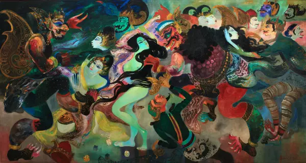 Hendra Gunawan "Pandawa Dadu (Tärningsspelet från Mahabharata Epic)" (1971) uppnådde HK$26,4 miljoner / US$3,39 miljoner, vilket satte ett nytt auktionsrekord för artisten. Bild med tillstånd av Sotheby's HK.